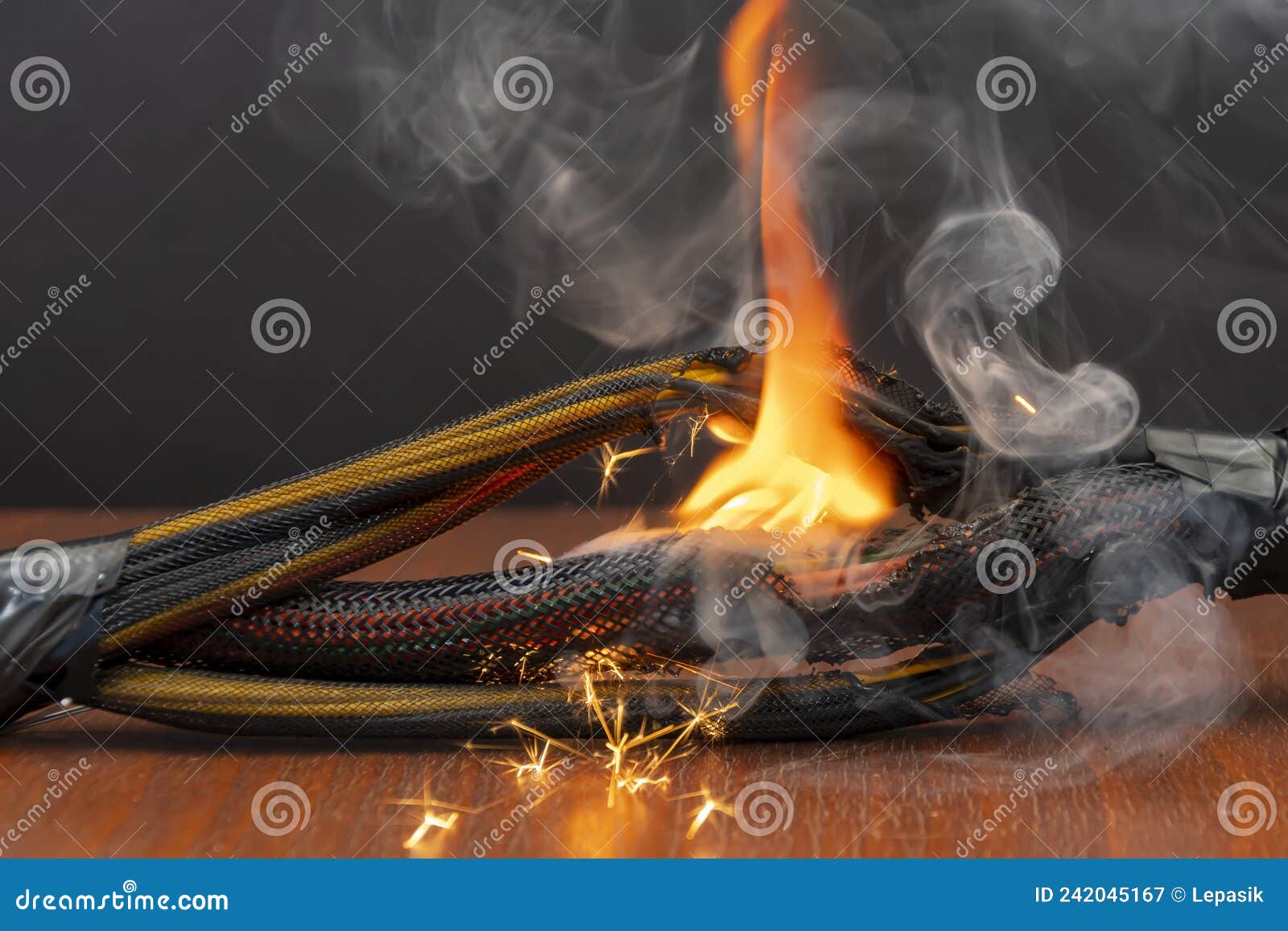 The Wiring is Burning and Sparking on a Dark Background. a Short ...