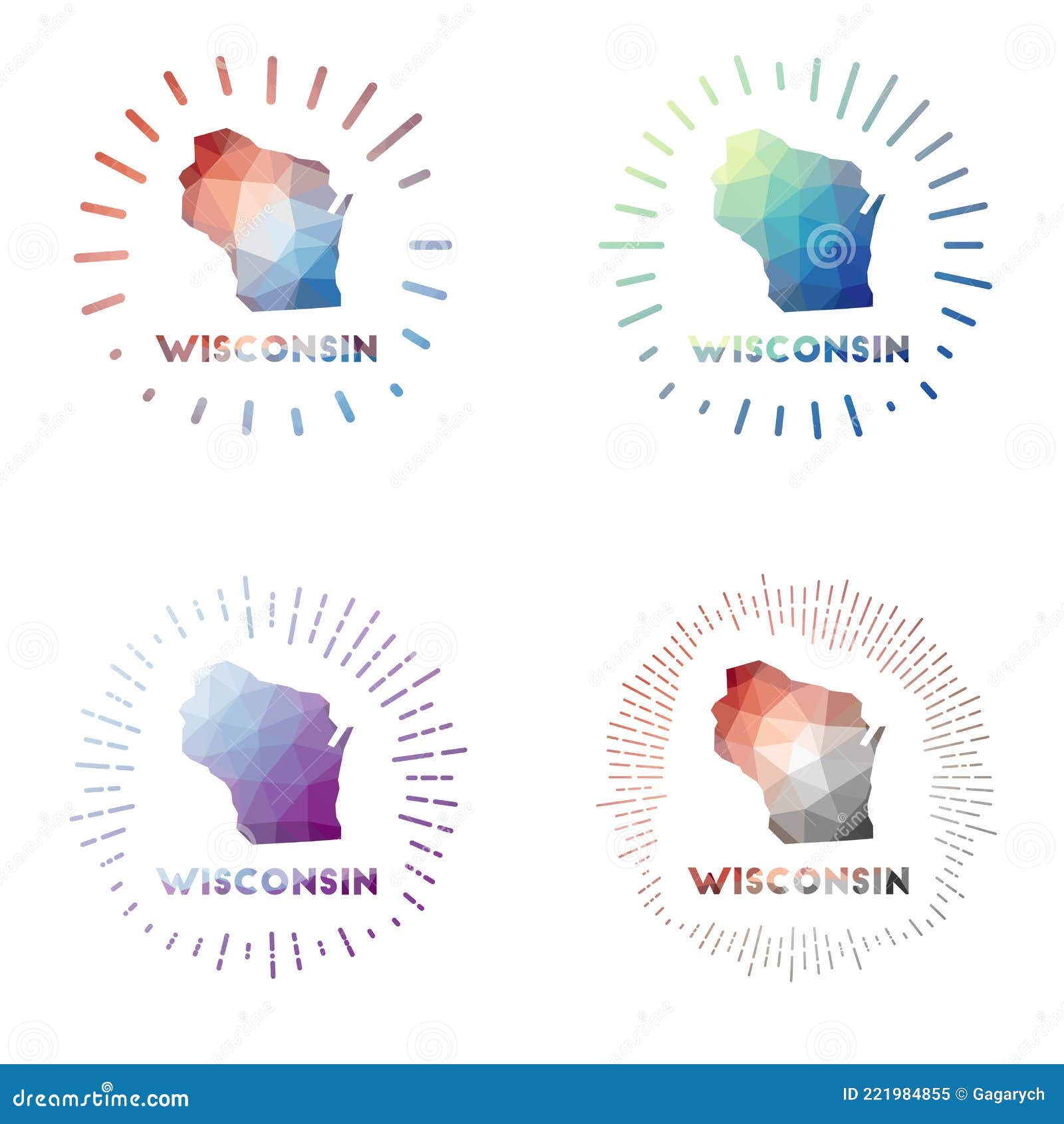Wisconsin Low Poly Sunburst Set. Stock Vector - Illustration of ...