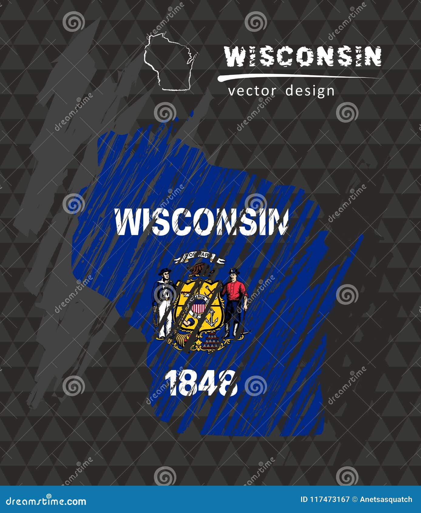 Wisconsin Map with Flag Inside on the Blackboard. Chalk Sketch Vector ...