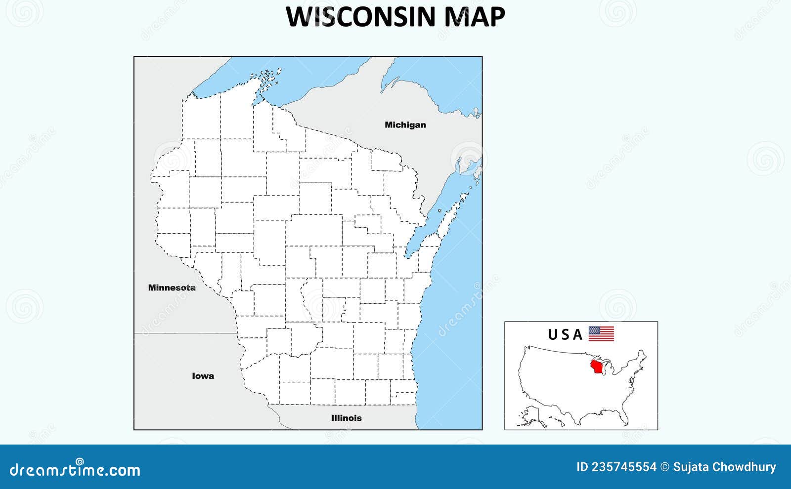 Wisconsin Map. Political Map of Wisconsin with Boundaries in Outline ...