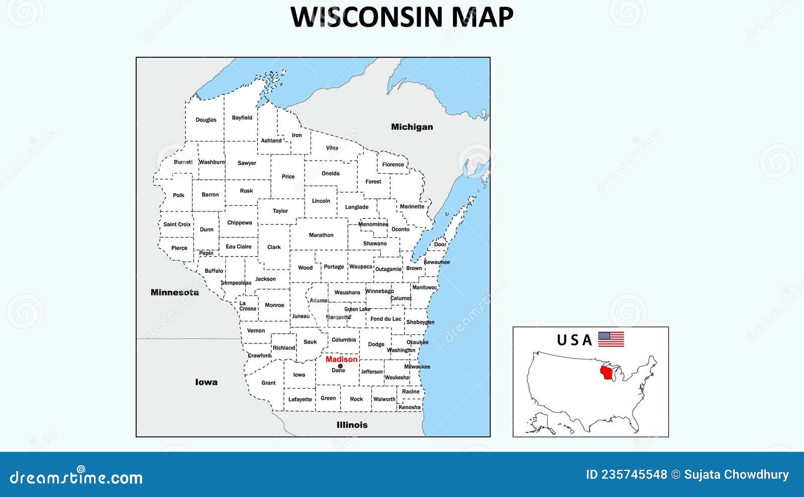 Wisconsin Map. Political Map of Wisconsin with Boundaries in White ...