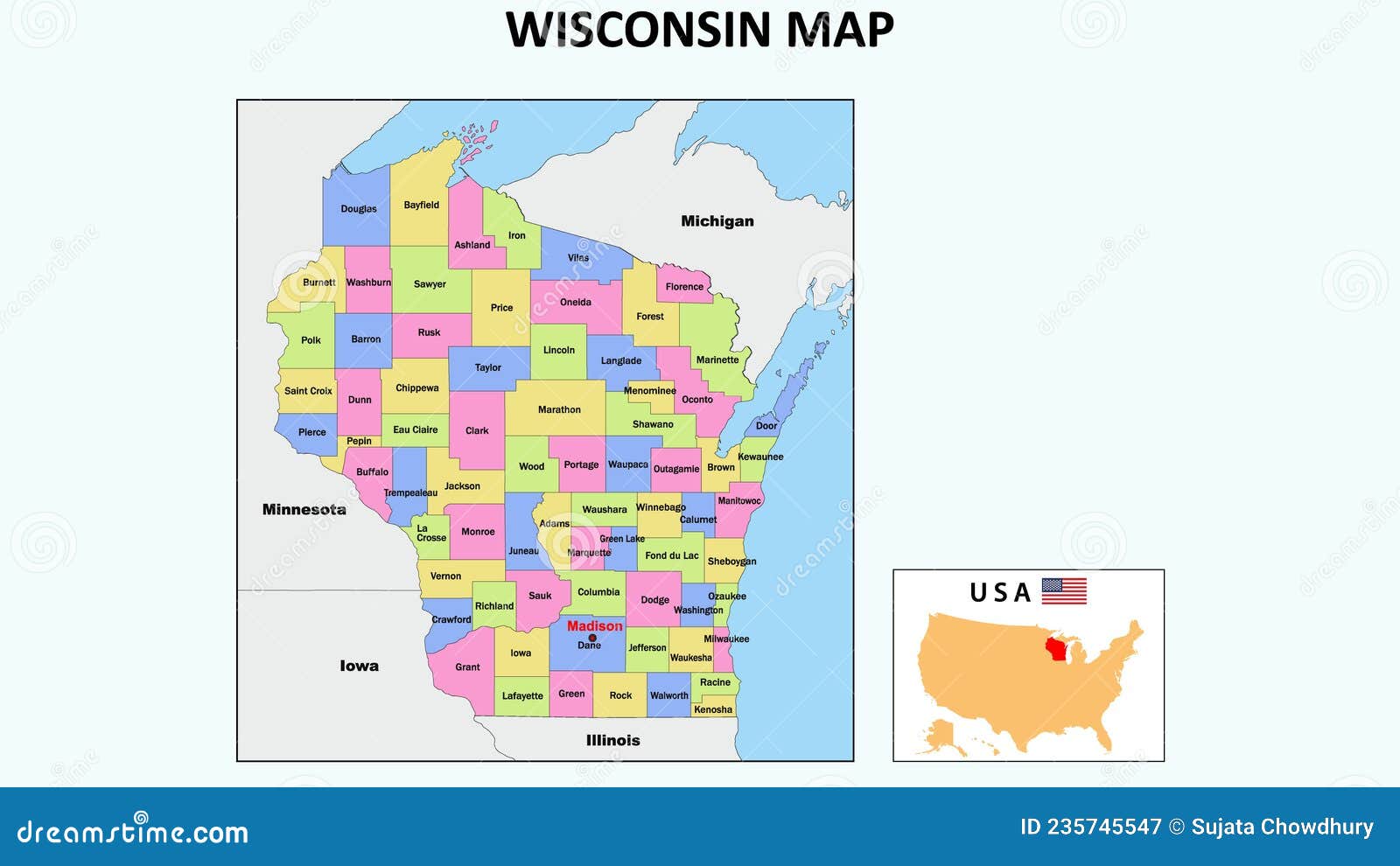 Wisconsin Map. State and District Map of Wisconsin Stock Vector ...