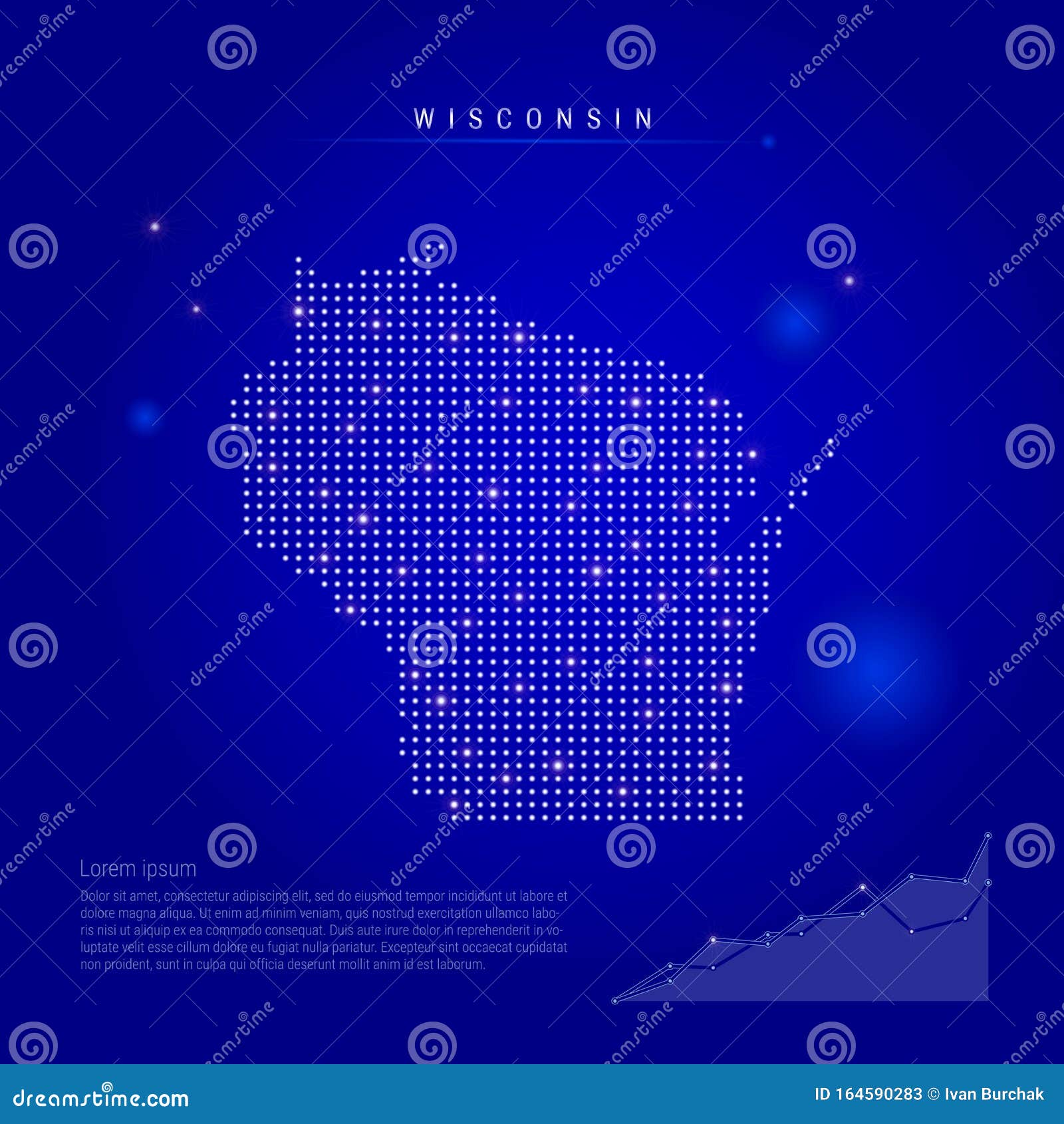 Wisconsin US State Illuminated Map with Glowing Dots. Dark Blue Space ...