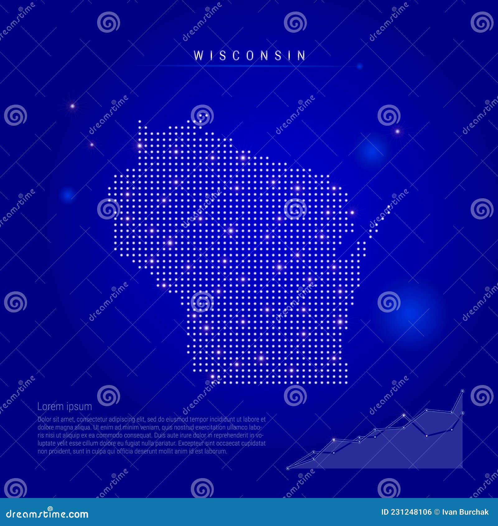 Wisconsin US State Illuminated Map with Glowing Dots. Dark Blue Space ...