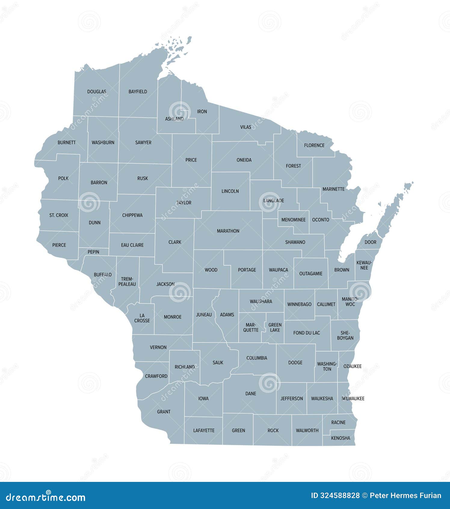 U.S. State of Wisconsin, Subdivided into 72 Counties, Gray Political ...