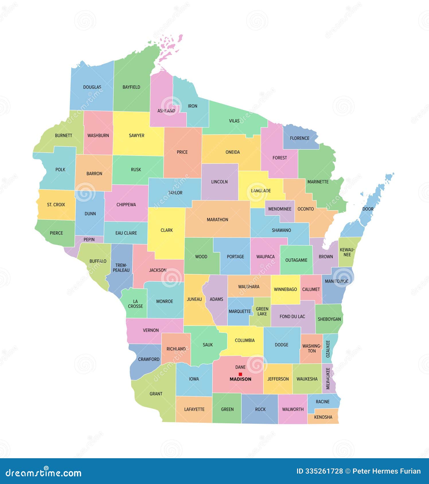 Wisconsin, U.S. State, Subdivided into 72 Counties, Multi Colored Map ...