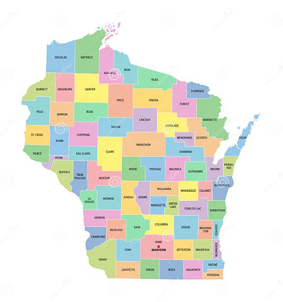 Wisconsin, U.S. State, Subdivided into 72 Counties, Multi Colored Map ...