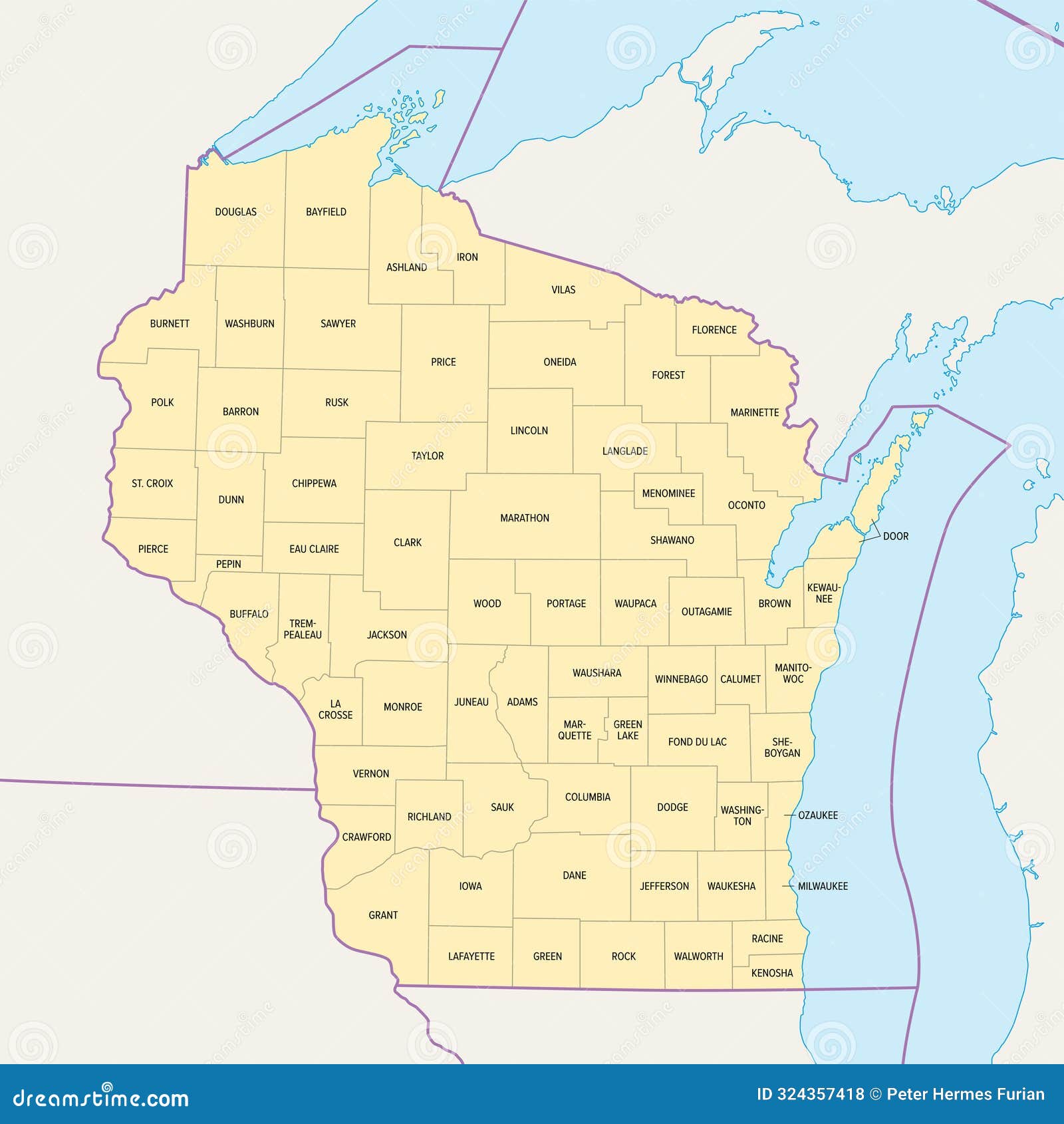 U.S. State of Wisconsin, Subdivided into 72 Counties, Political Map ...