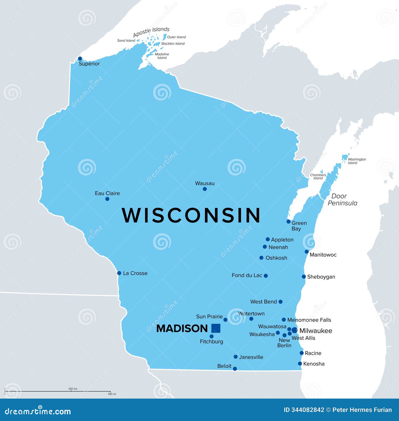 Wisconsin Map. Political Map Of Wisconsin With Boundaries In Outline ...