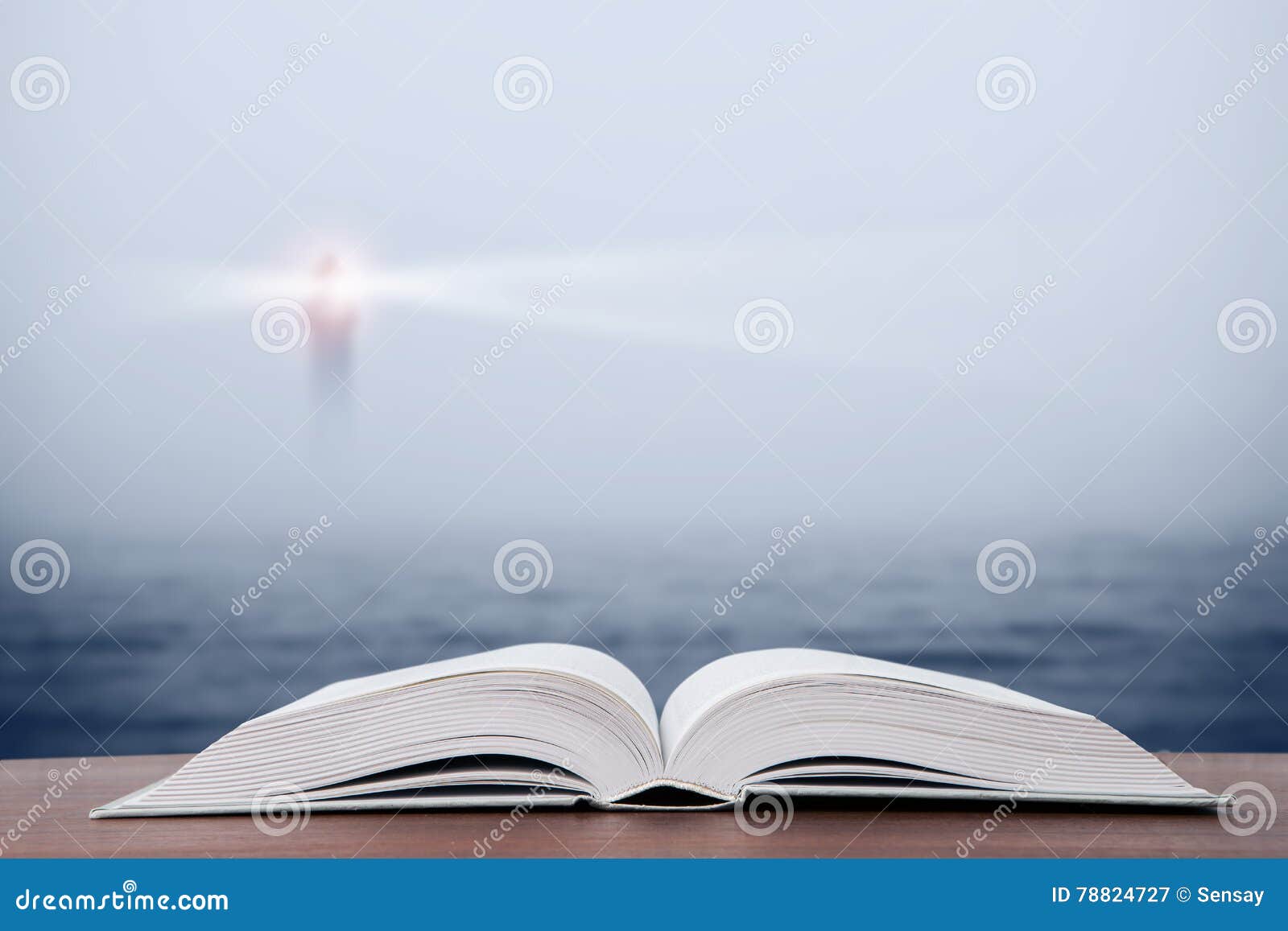 Wisdom Concept - Open Book Over Sea and Lighthouse Background Stock ...