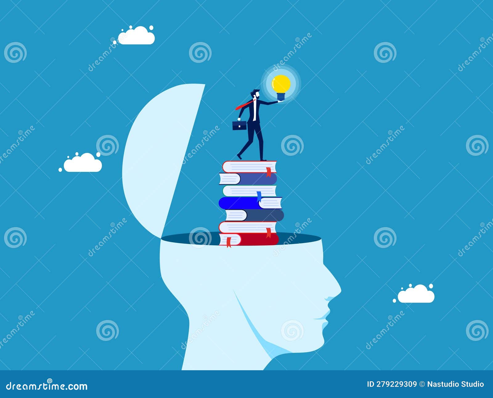 Wisdom and Success in Learning. Businessman Holding Light Bulb on Stack ...