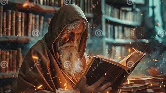 A Wise Human Sage Reading Ancient Scrolls in an Enchanting Library ...
