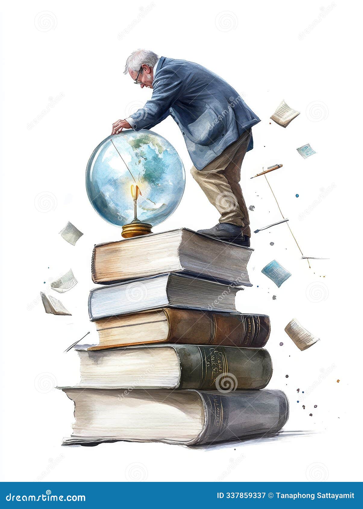 A Wise Man Stands Atop A Stack Of Books Holding A Glowing Globe ...