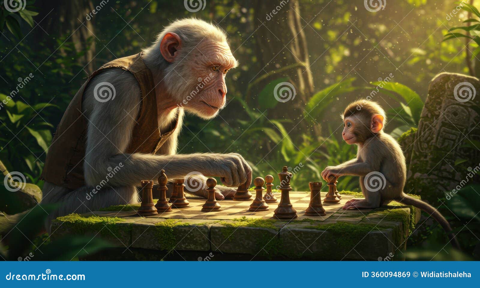 A Wise Old Monkey and a Young Monkey Playing Chess in a Lush Jungle ...