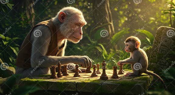 A Wise Old Monkey and a Young Monkey Playing Chess in a Lush Jungle ...