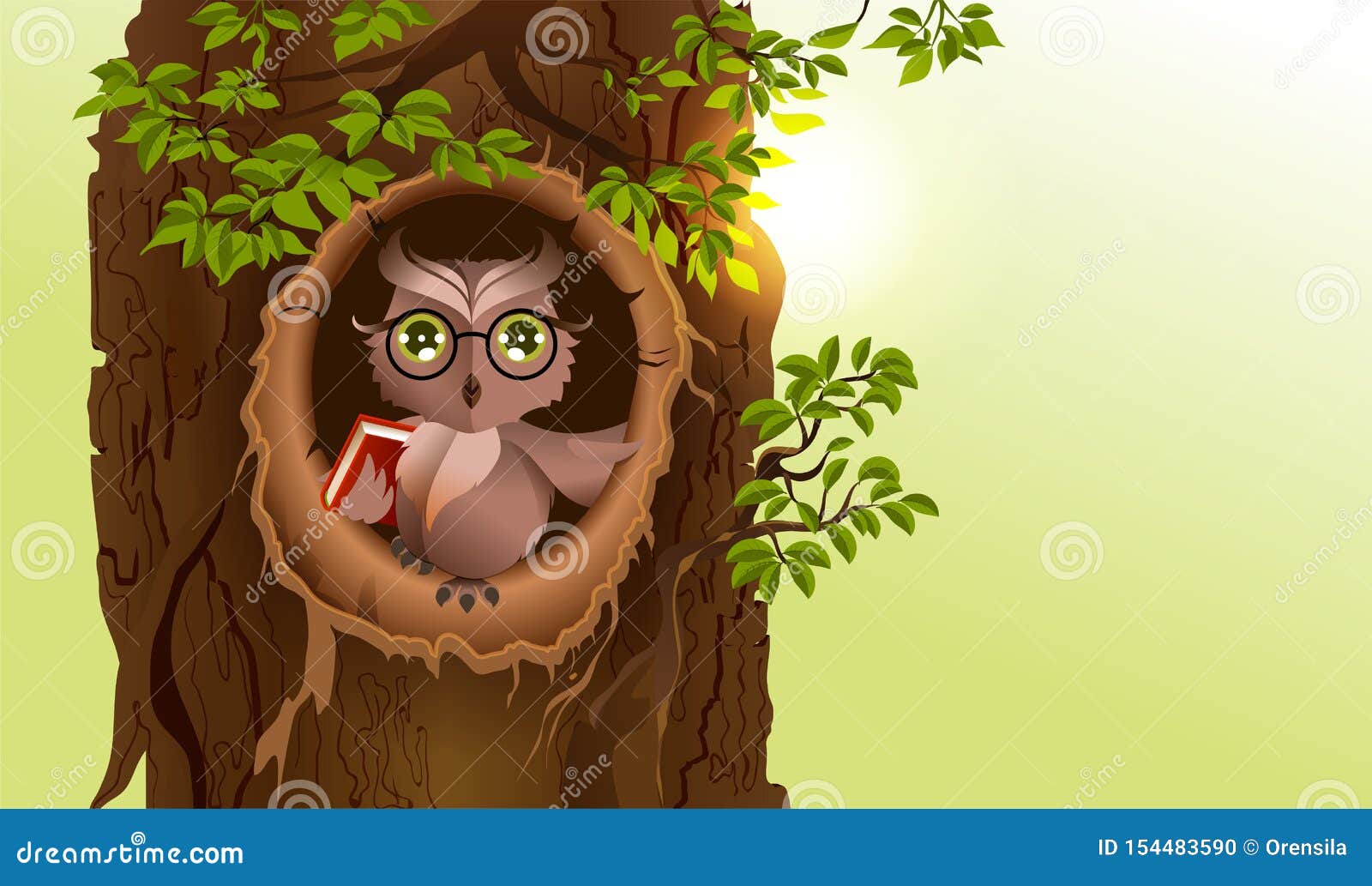 Wise Owl with Book in Hollow of Tree. Knowledge Day Stock Vector ...