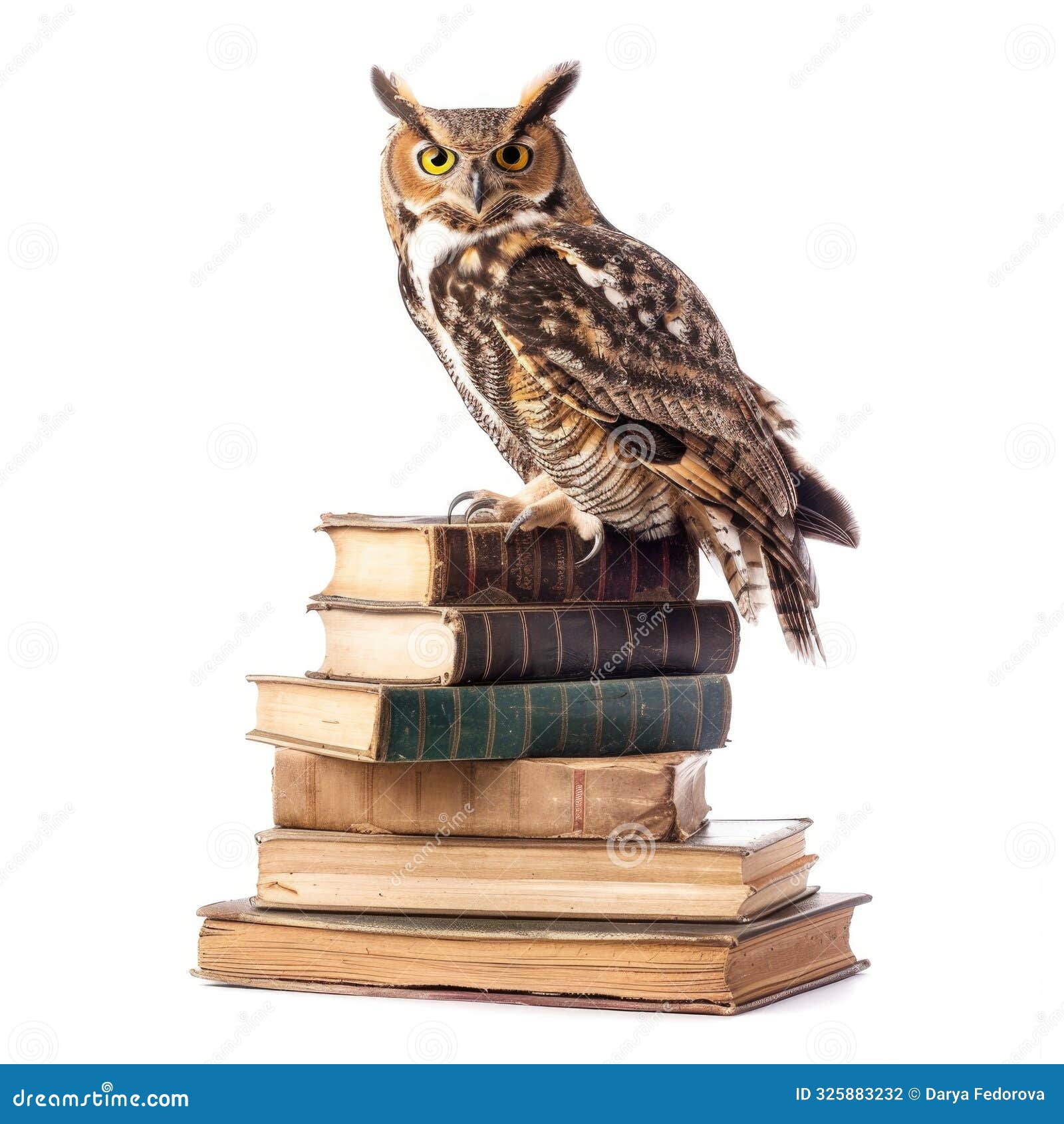 Wise Owl Perched on Stack of Vintage Books on White Background Stock ...