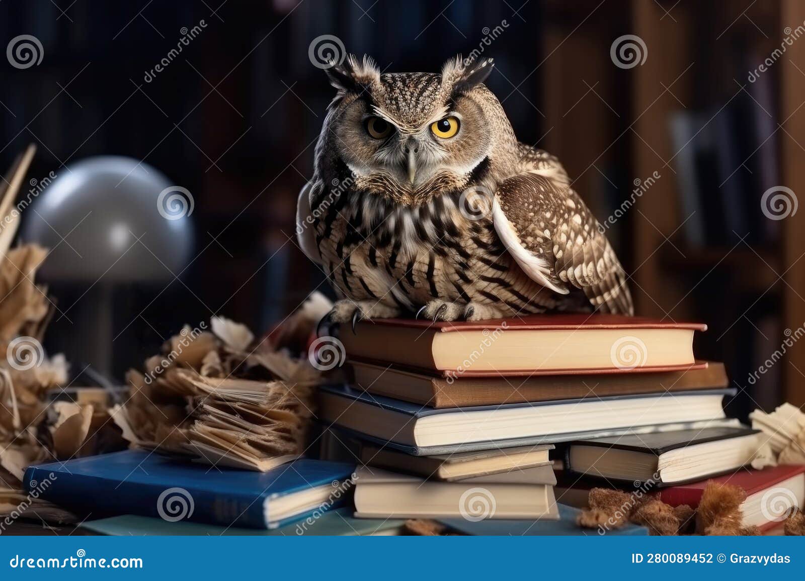 Wise Owl Sits on a Book Stack at a Library.AI Generated Stock ...