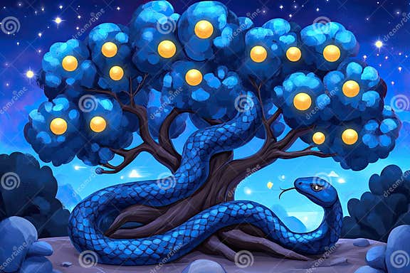 Wise Serpent Coils at the Base of the Glowing Tree of Knowledge Amidst ...