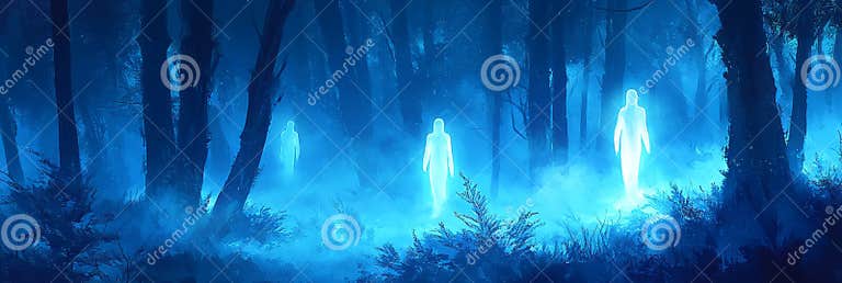 Wisps of Mist Form Translucent Figures Floating through a Forest. Stock ...