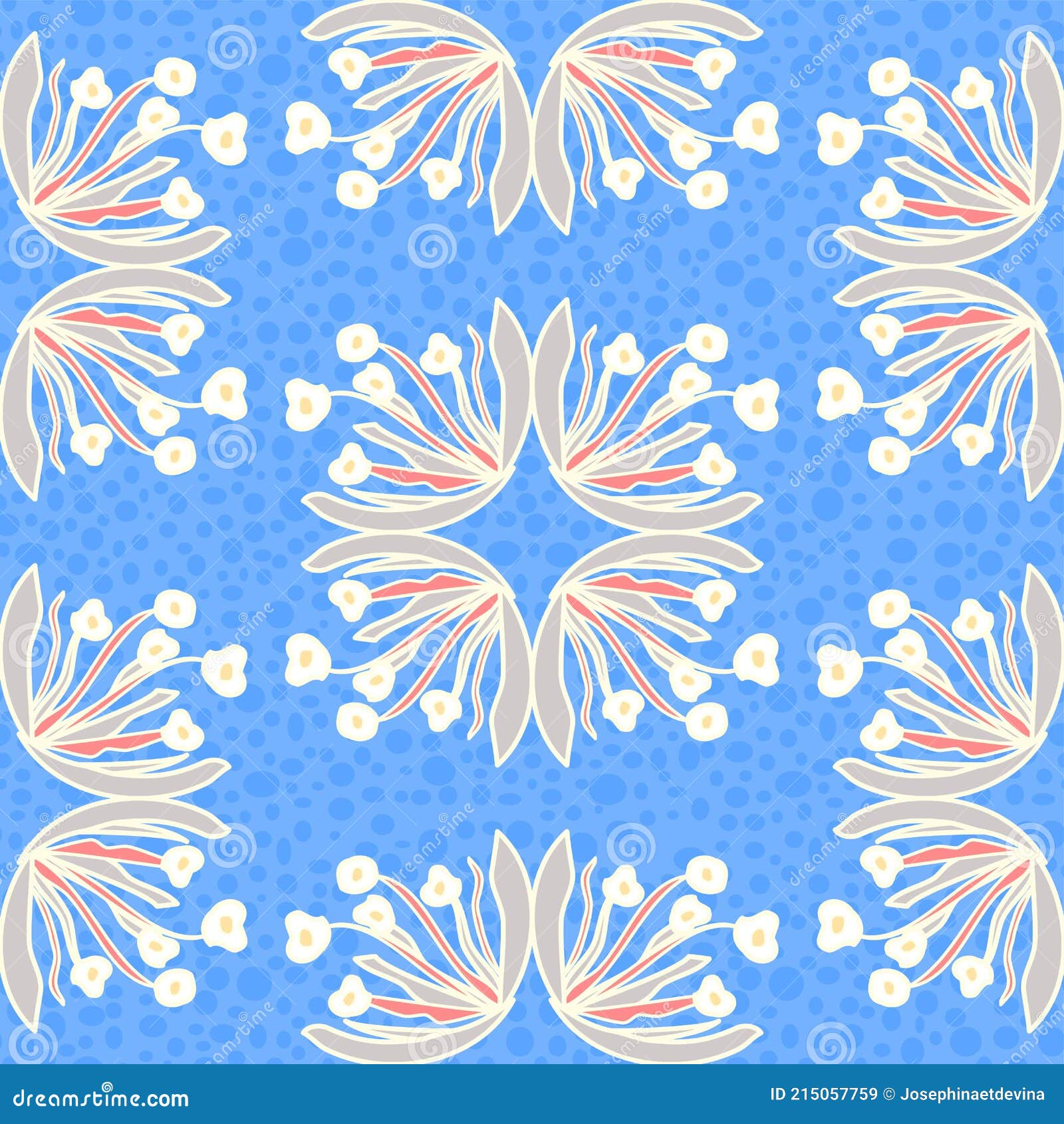 Wispy Flower Repeat Pattern in Pink and Grey on a Dotted Sky Blue ...