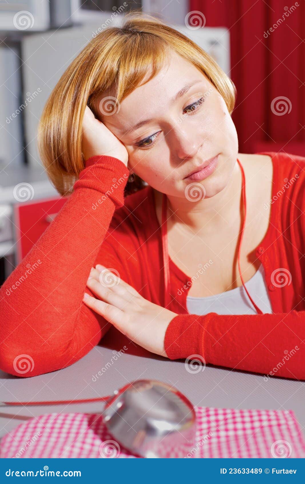 Wistful housewife in red stock image. Image of nostalgia - 23633489