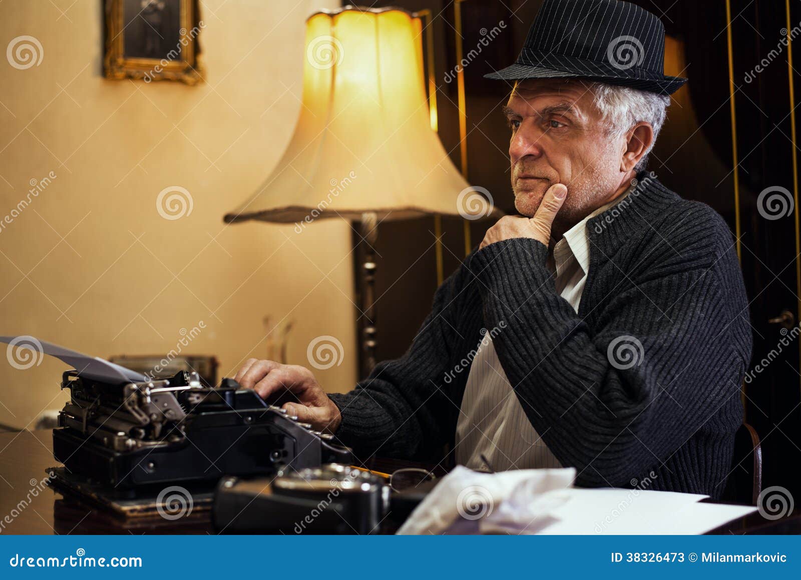 Wistful Retro Senior Man Writer Stock Image - Image of interior ...