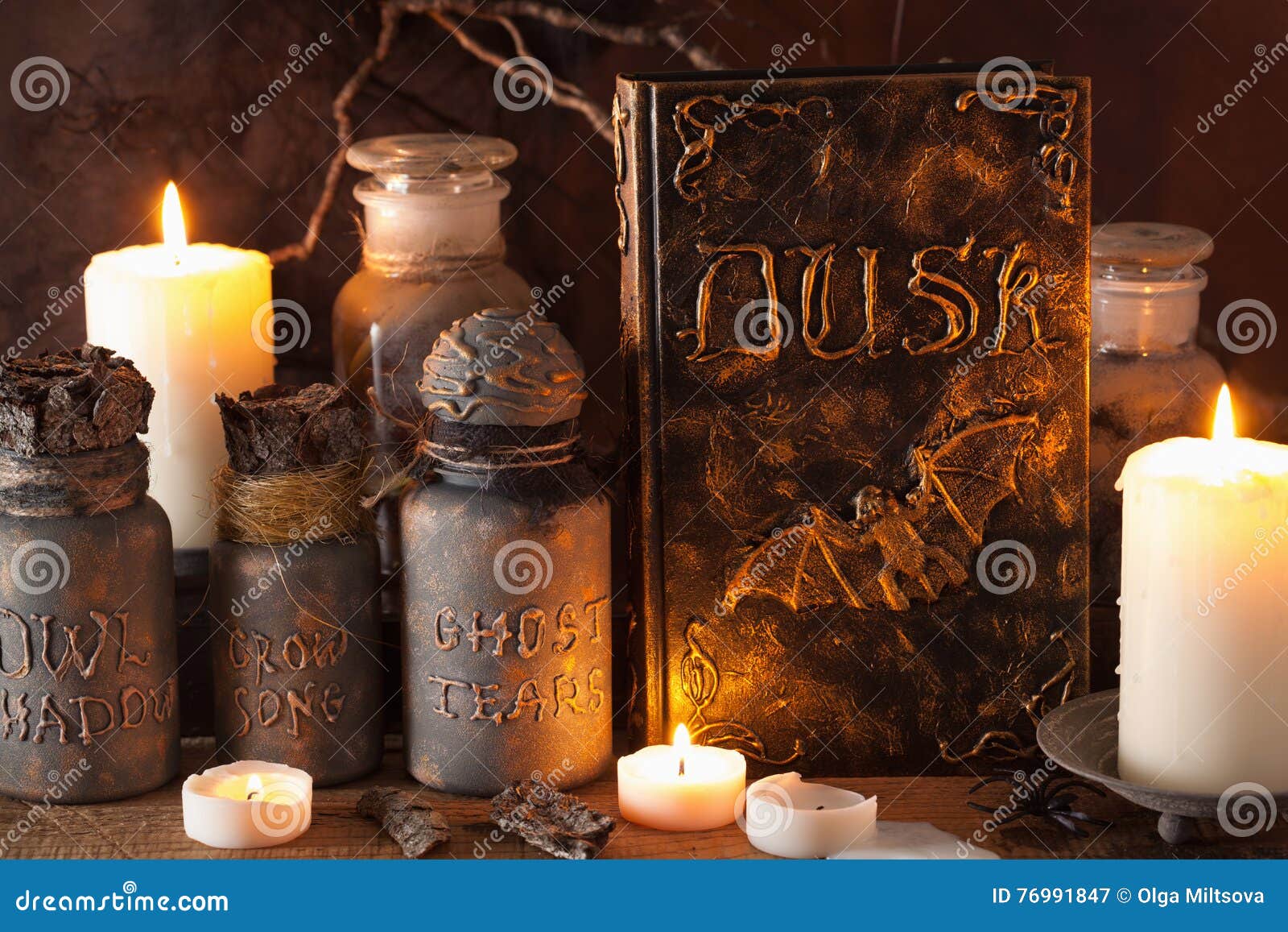 Witch Apothecary Jars Magic Potions Book Halloween Decoration Stock ...