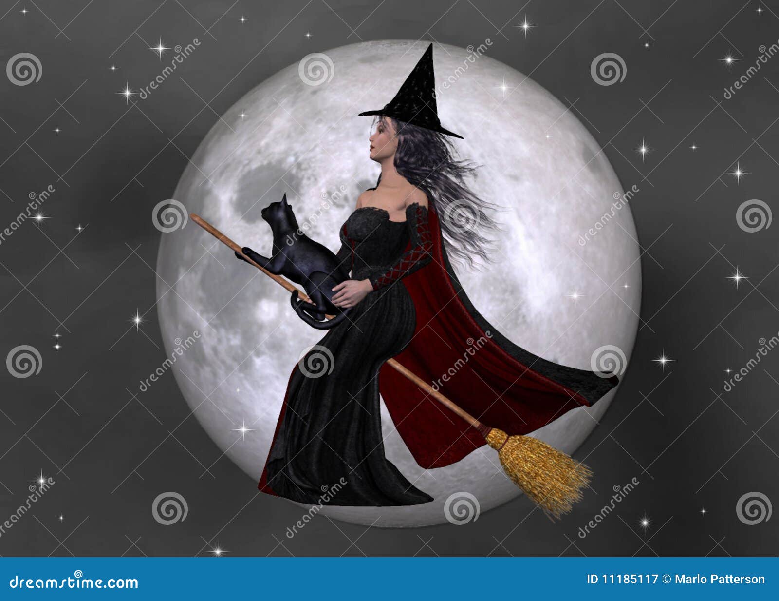 Witch & Black Cat Flying Background Stock Illustration - Illustration ...