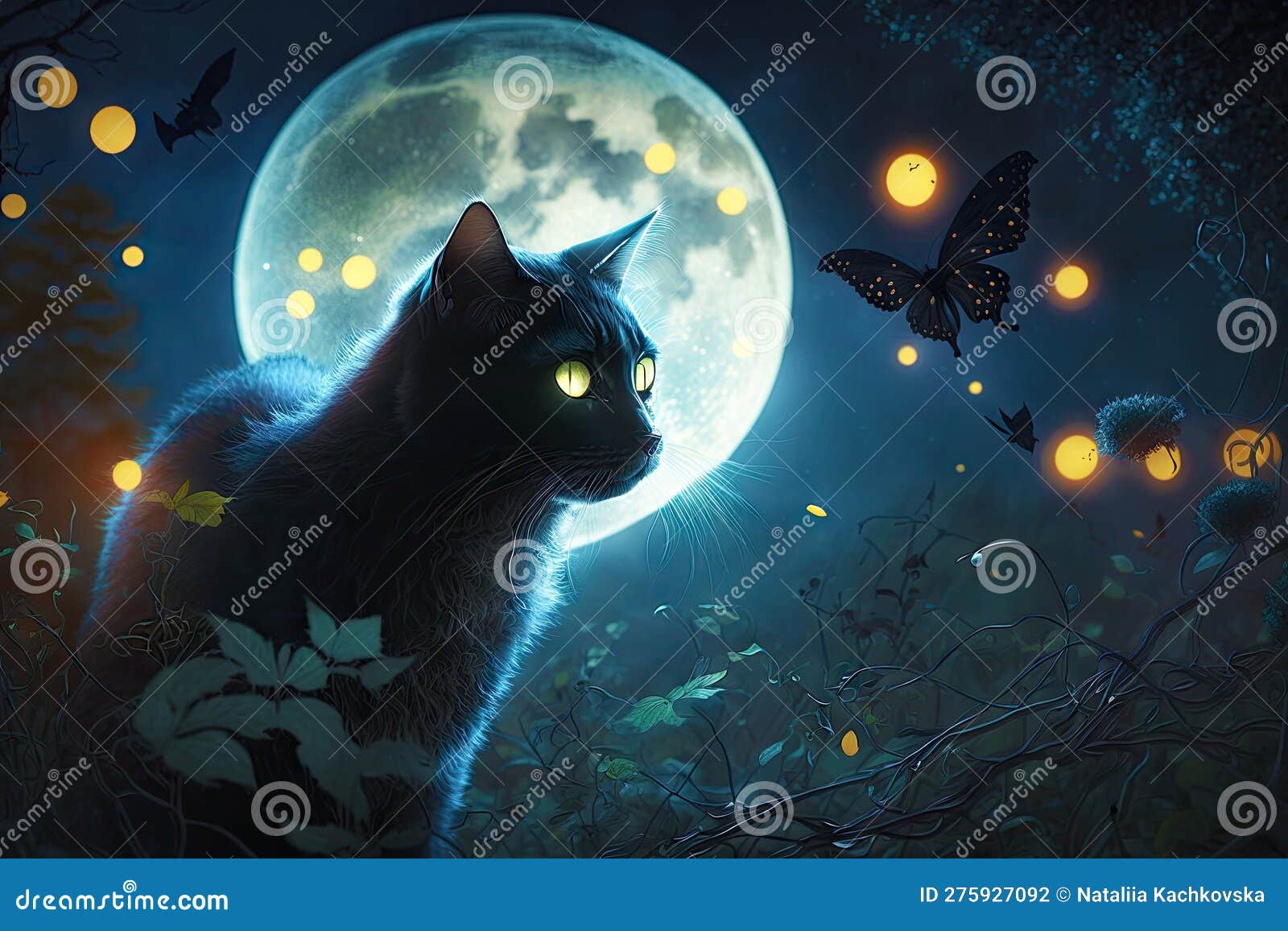 Witch Black Cat on the Full Moon Background Stock Illustration ...