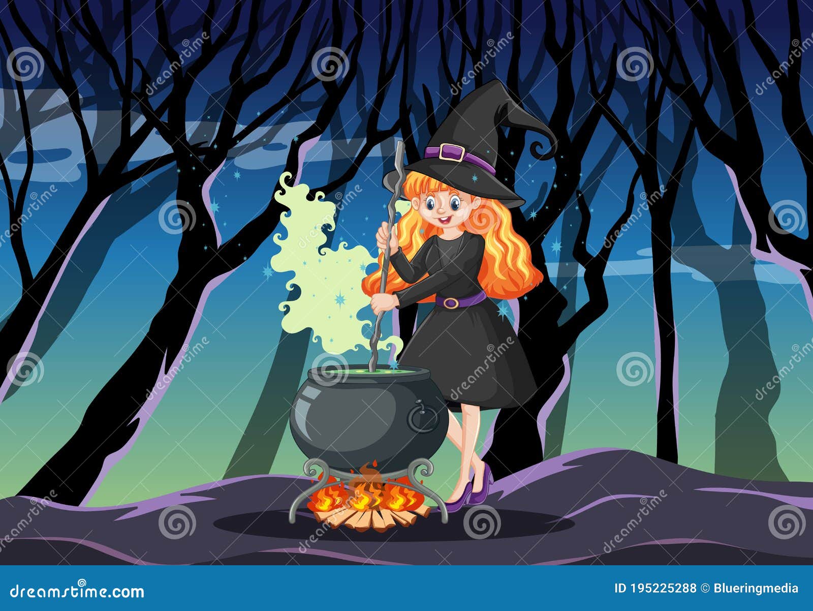 Witch with Black Magic Pot Cartoon Style on Dark Forest Background ...