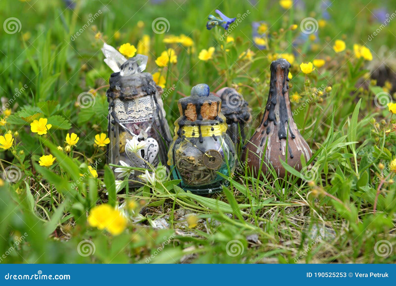 Witch Bottles with Potion and Elixir on the Grass in the Spring Garden ...