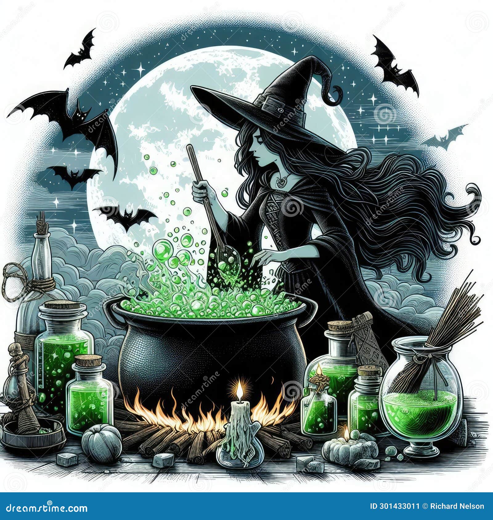 Witch Brewing Potion in Cauldron with Magical Ingredients Under Full ...