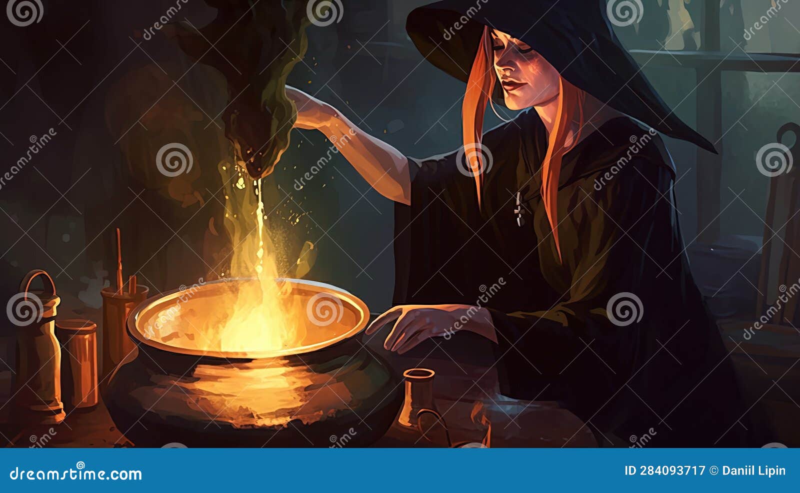 A witch brewing a potion stock illustration. Illustration of witch ...