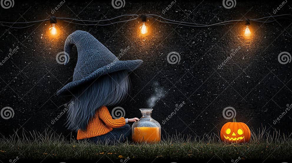 A Witch Brewing a Potion with a Pumpkin and String Lights at Night ...