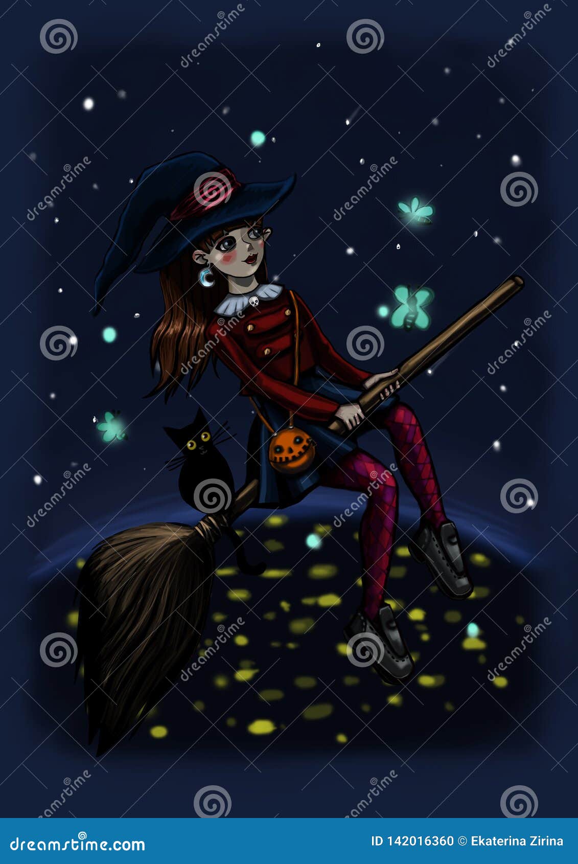 Witch on a broom in flight stock illustration. Illustration of ...