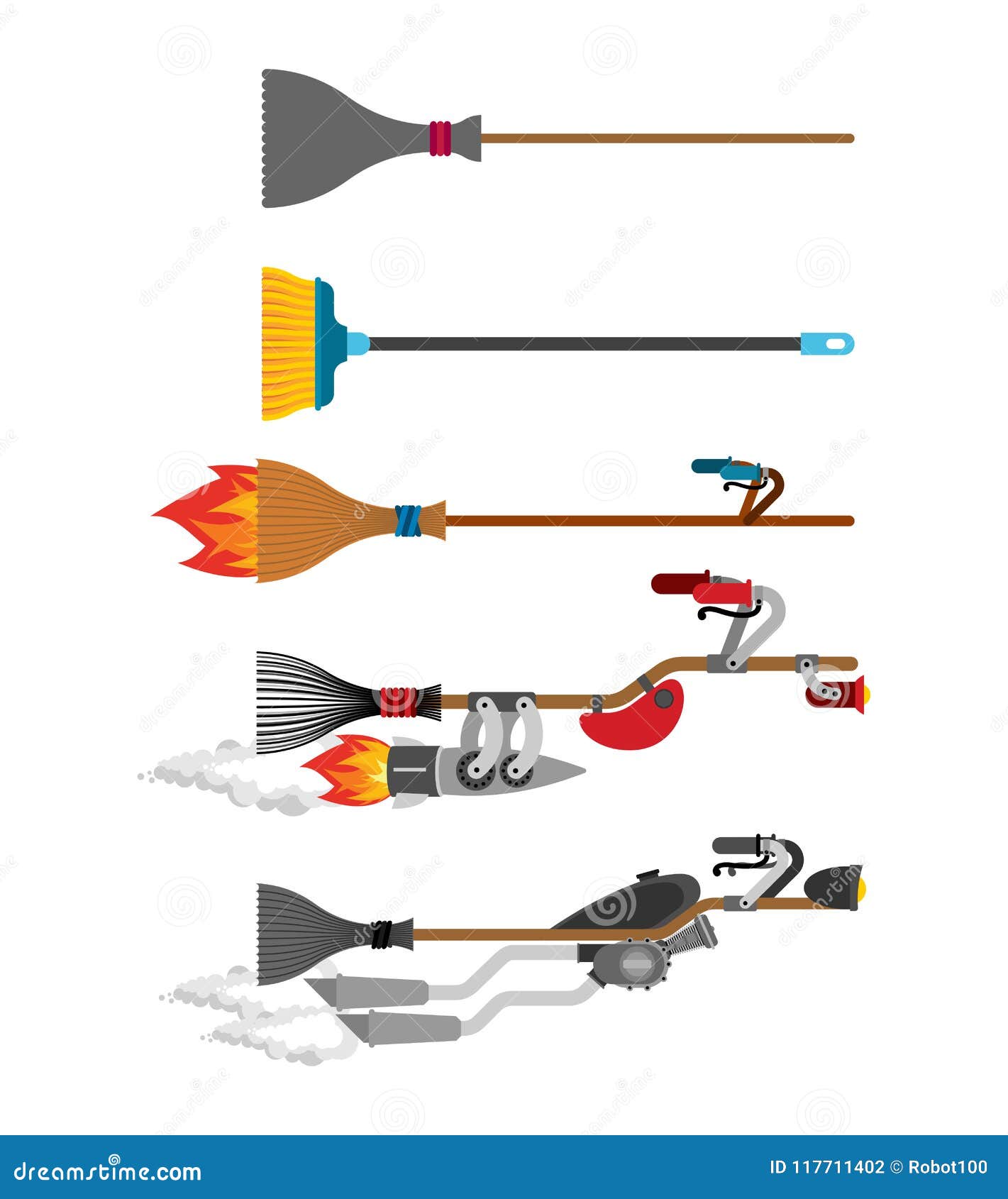 Witch Broom Set Technology Evolution. Broomstick Speeding Turbo Stock ...