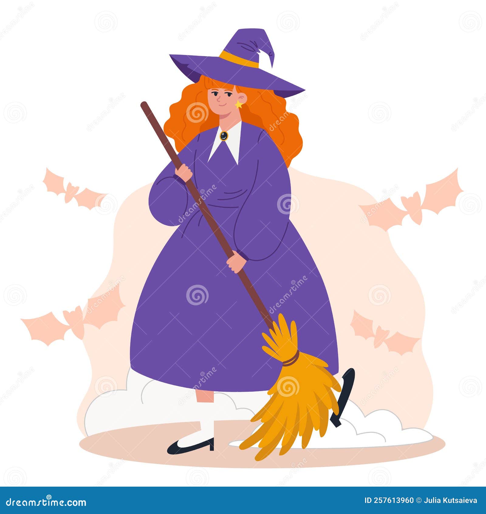 Witch with a Broom Sweeping the Floor Stock Vector - Illustration of ...
