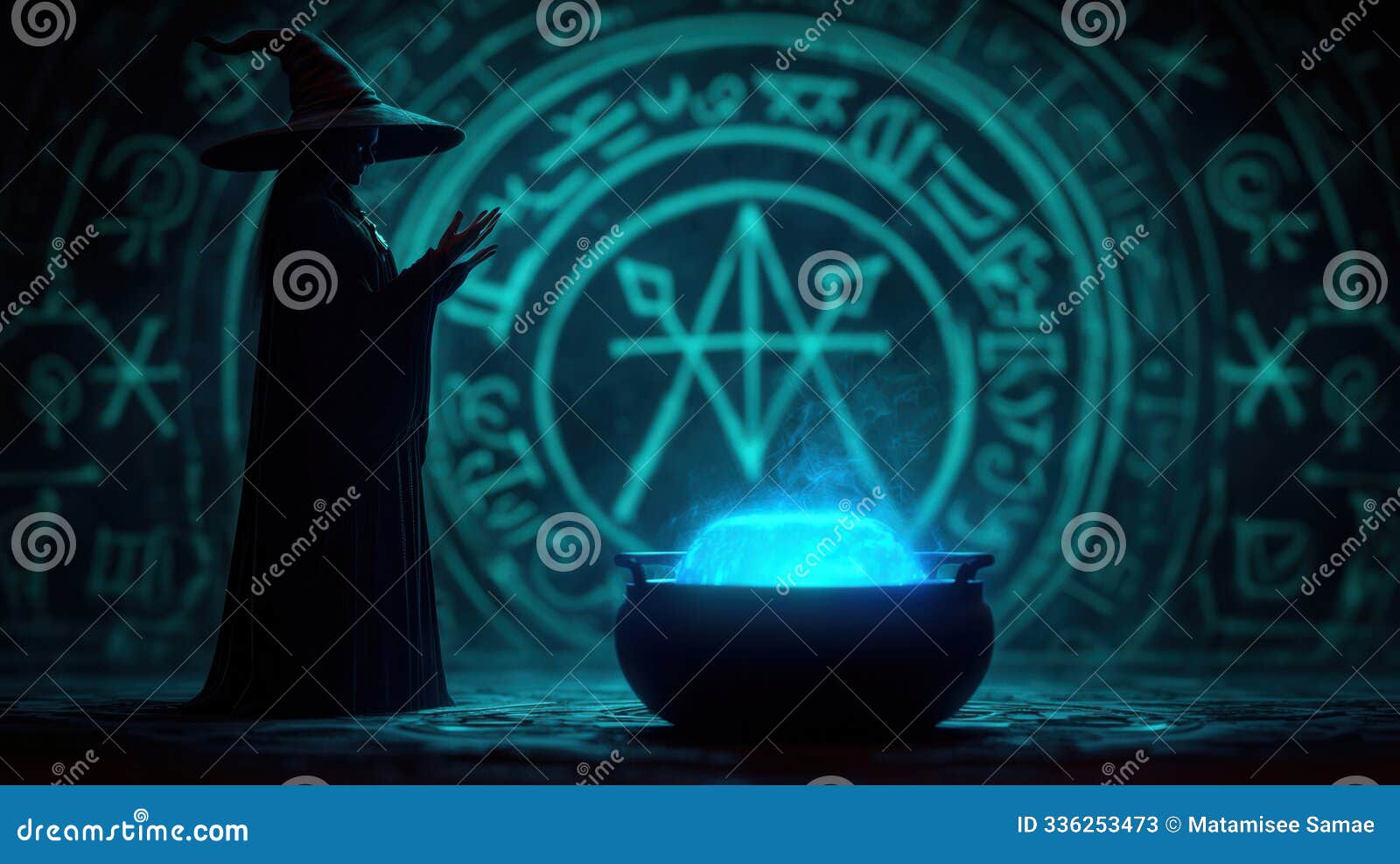 Witch Casting Spell with Cauldron and Magic Circle Stock Illustration ...