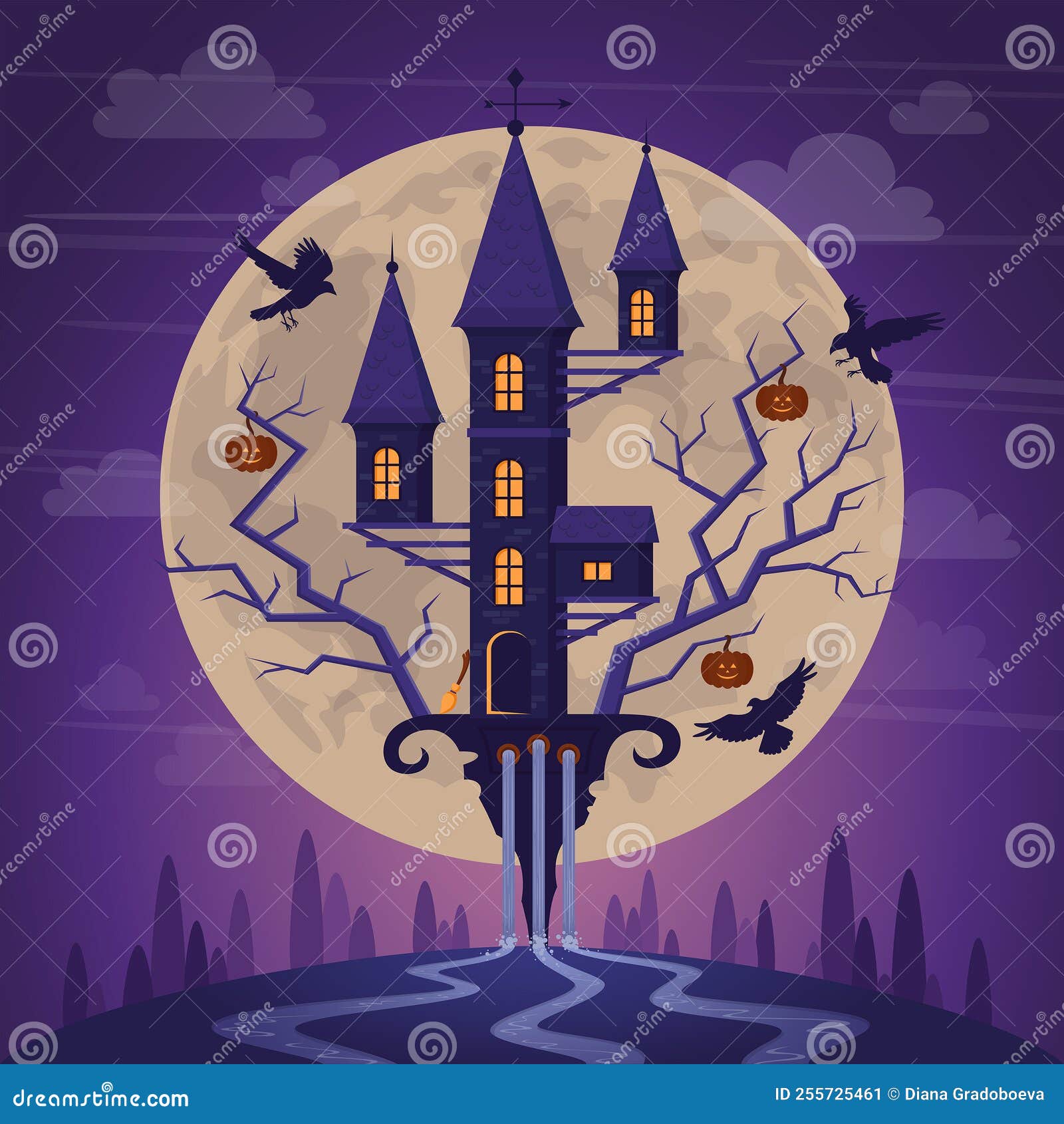 Witch Castle with the Full Moon, Trees, Pumpkins. Magic. Vector ...