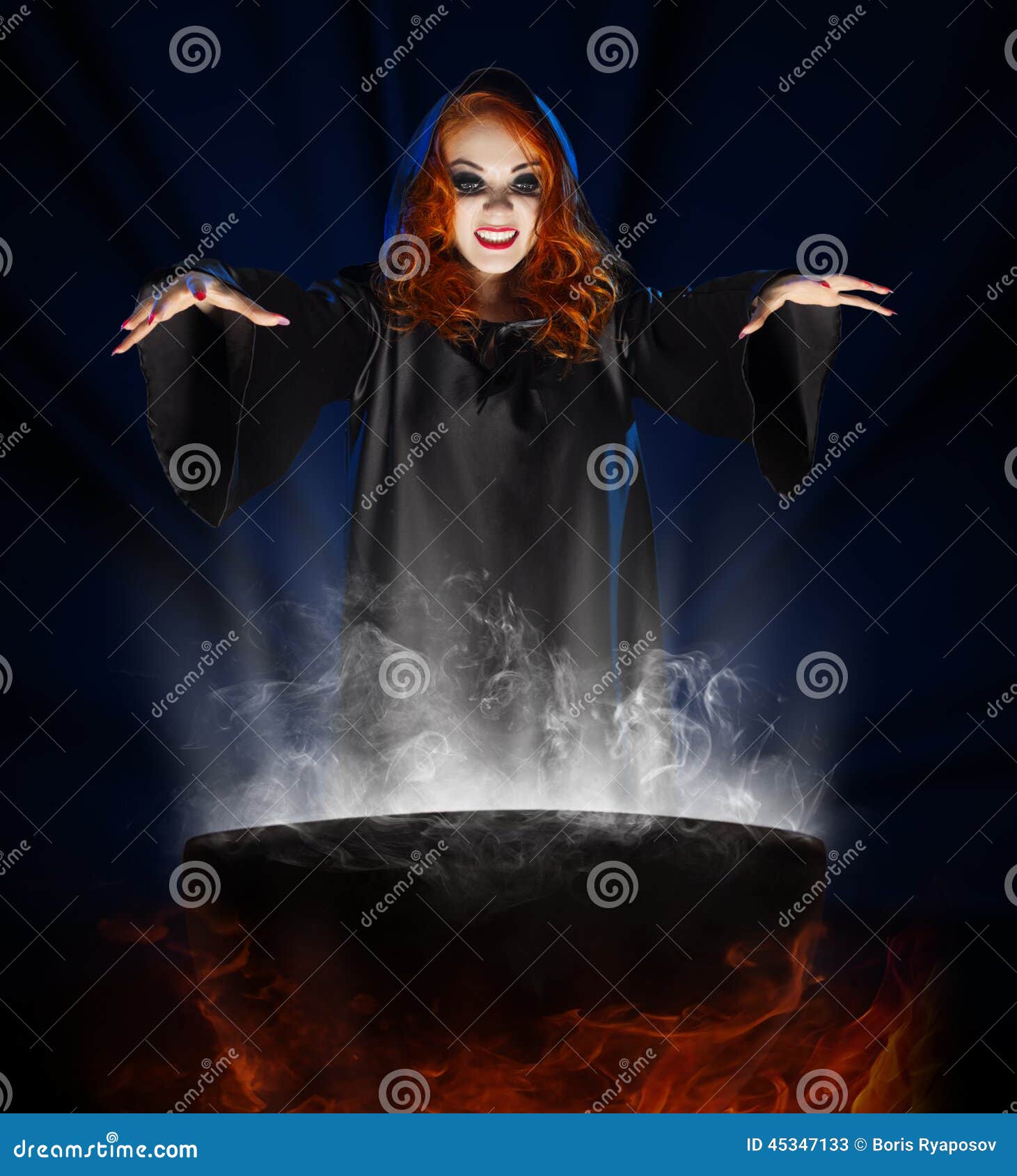 Witch with Cauldron on Blue Rays Background Stock Image - Image of ...