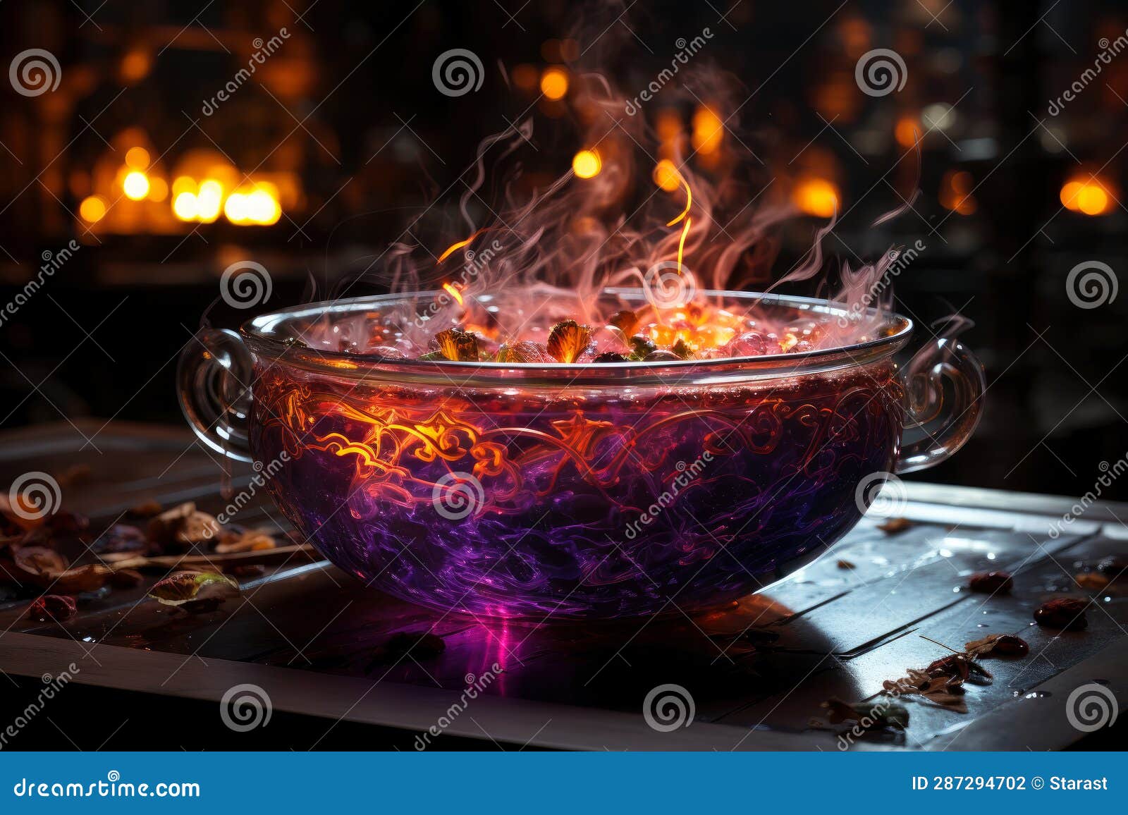 Witch Cauldron with Boiling Luminous Potion and Various Magic Ritual ...