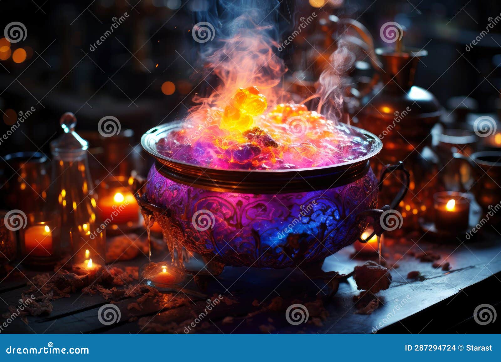 Witch Cauldron with Boiling Luminous Potion and Various Magic Ritual ...