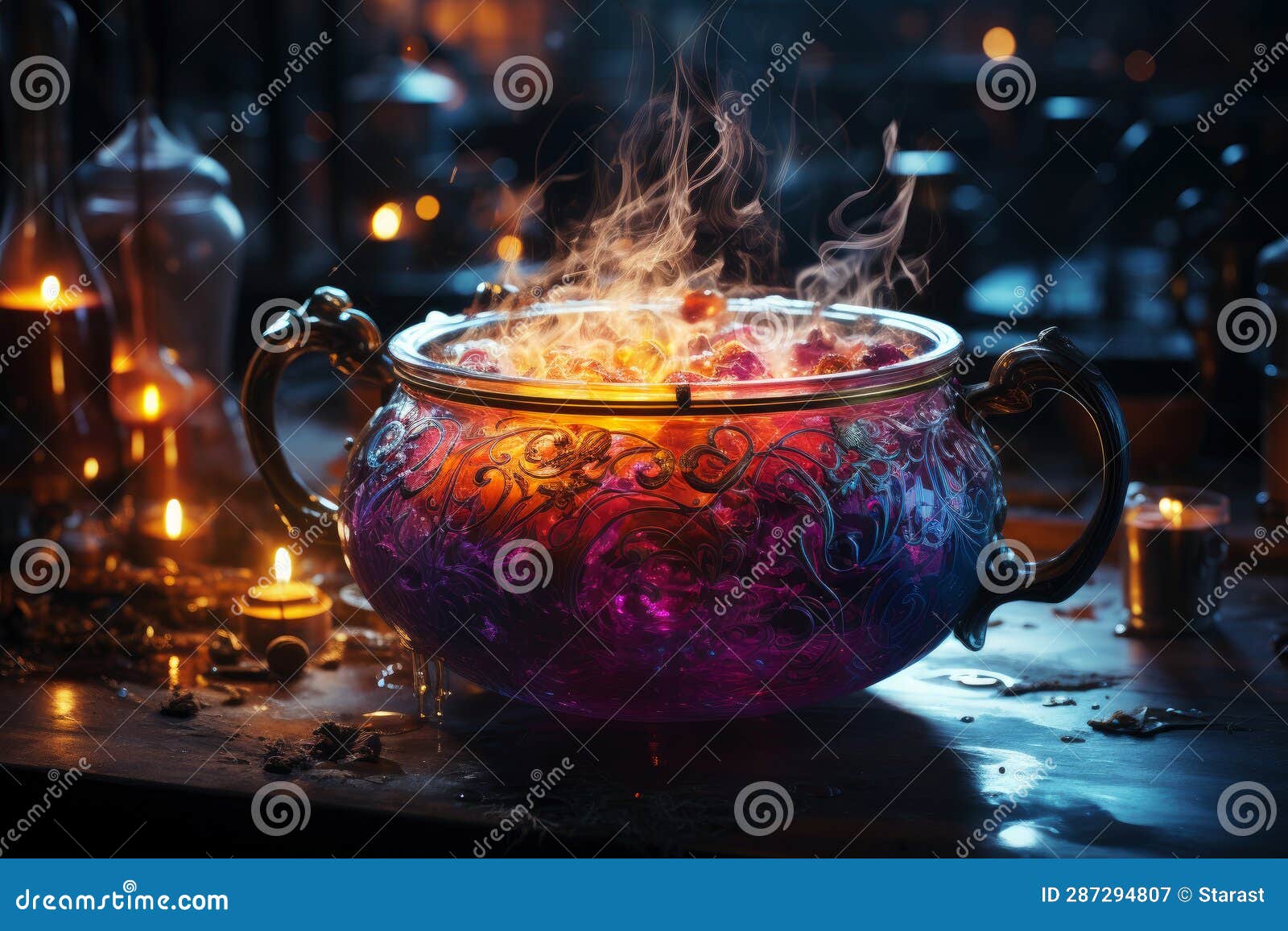 Witch Cauldron with Boiling Luminous Potion and Various Magic Ritual ...