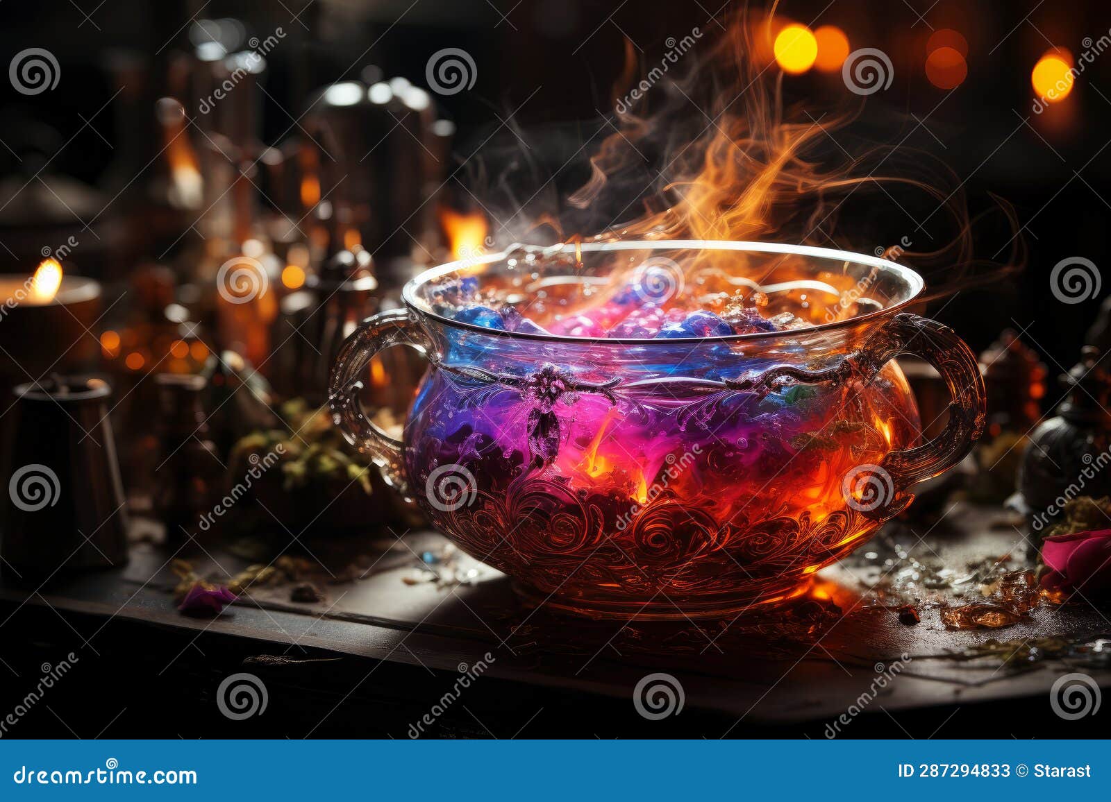Witch Cauldron with Boiling Luminous Potion and Various Magic Ritual ...