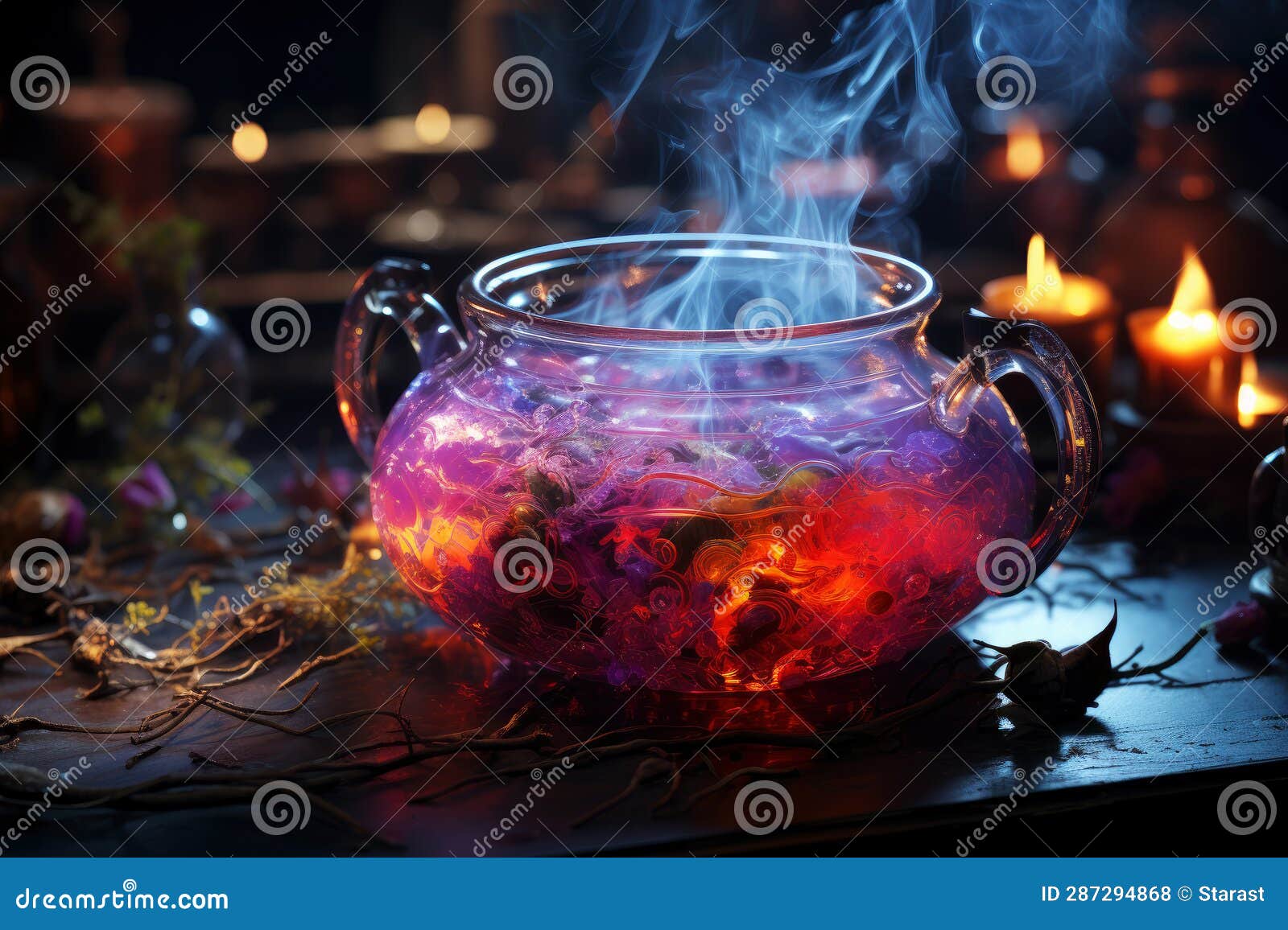 Witch Cauldron with Boiling Luminous Potion and Various Magic Ritual ...