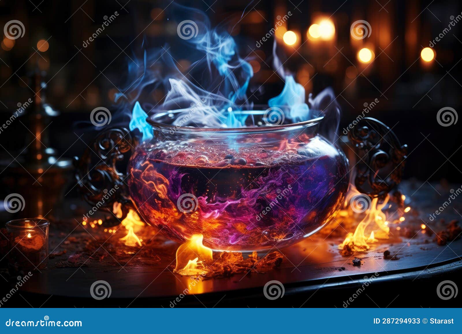 Witch Cauldron with Boiling Luminous Potion and Various Magic Ritual ...