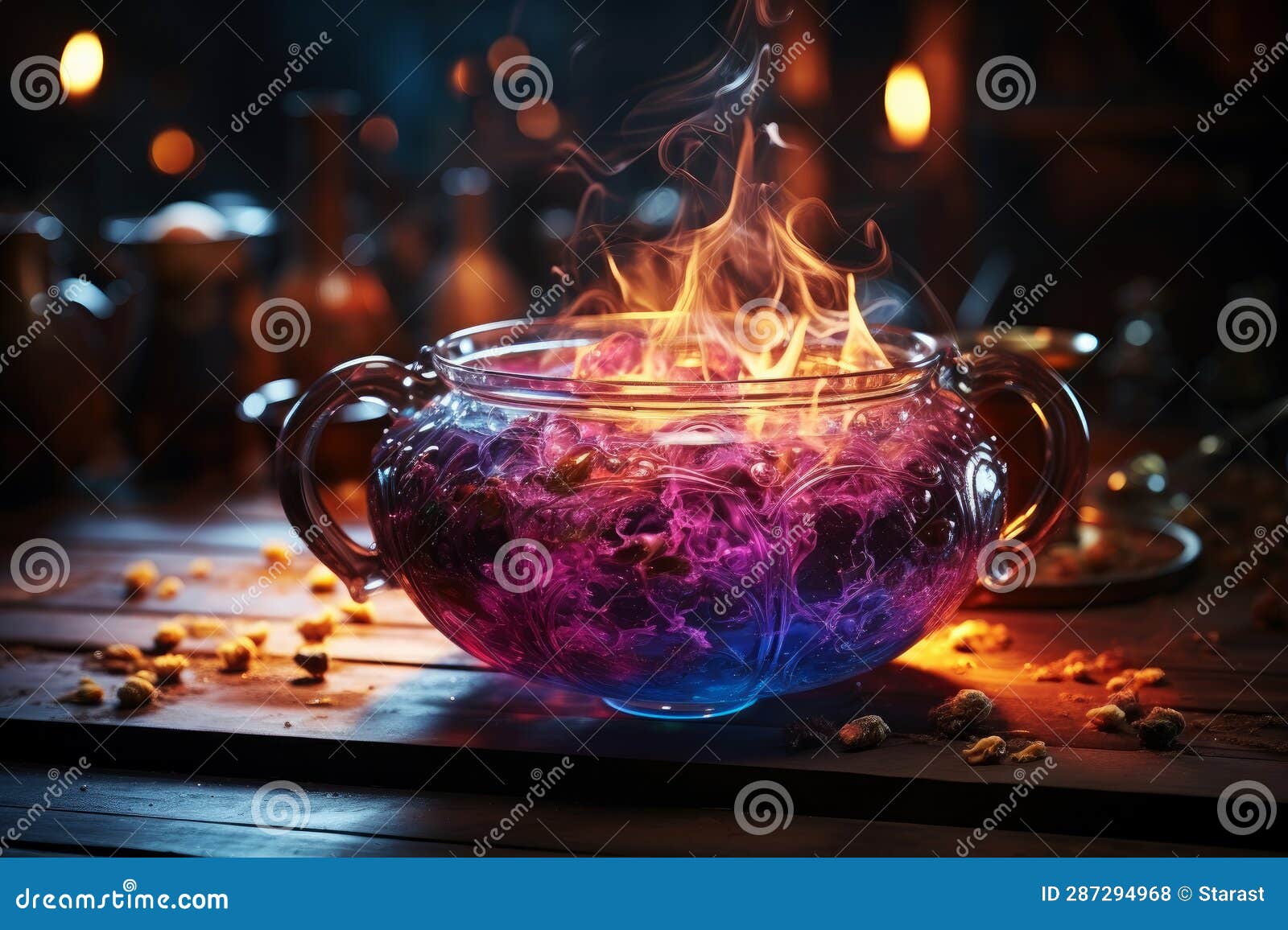 Witch Cauldron with Boiling Luminous Potion and Various Magic Ritual ...