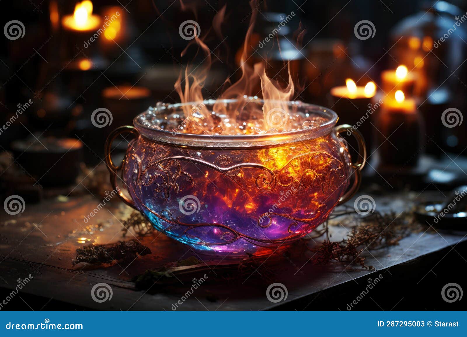 Witch Cauldron with Boiling Luminous Potion and Various Magic Ritual ...