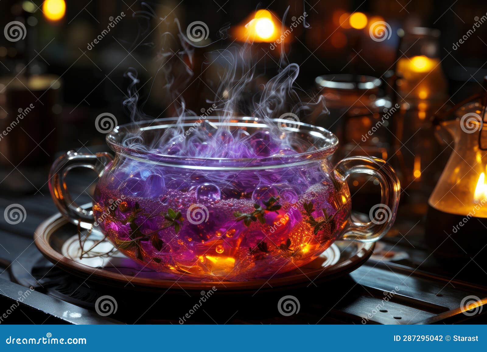 Witch Cauldron with Boiling Luminous Potion and Various Magic Ritual ...